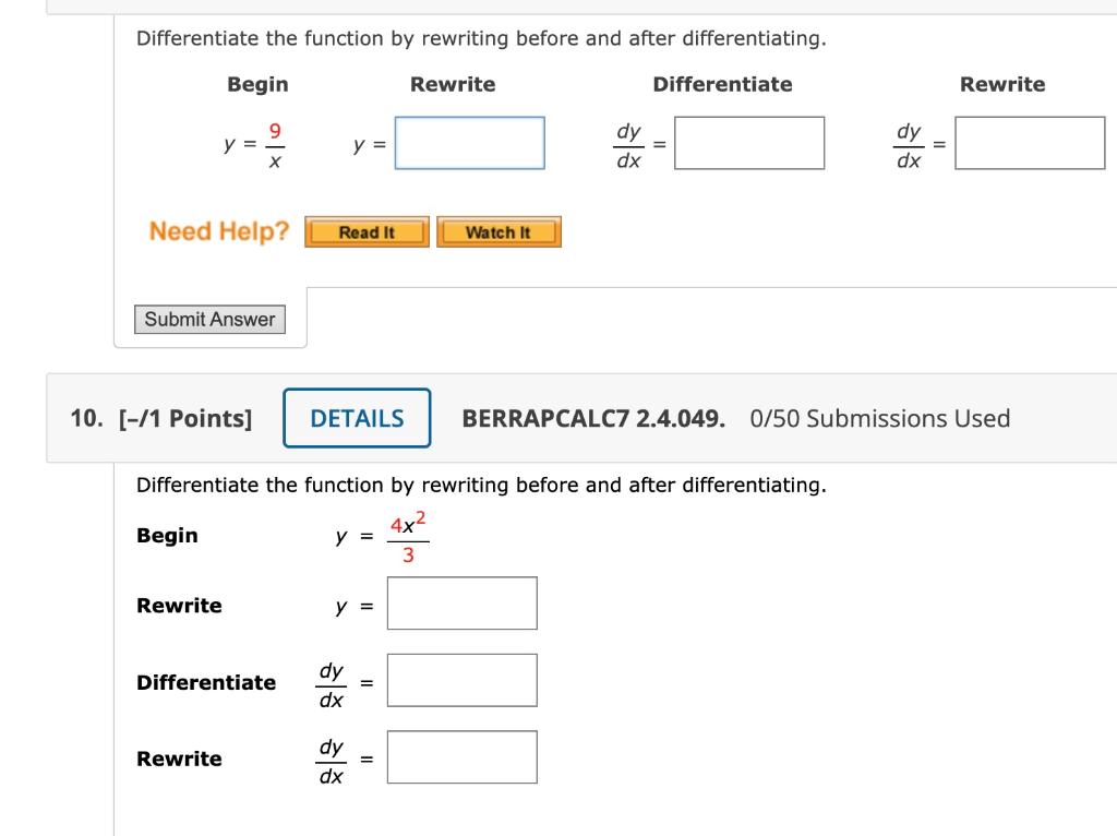 Solved Differentiate the function by rewriting before and | Chegg.com