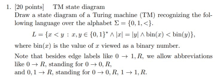 Solved 1. [20 points TM state diagram Draw a state diagram | Chegg.com