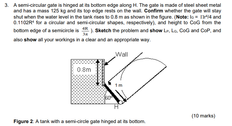 Solved 3. A semi-circular gate is hinged at its bottom edge | Chegg.com