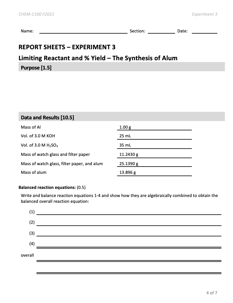 Solved CHEM-1100 F2021 Experiment 3 EXPERIMENT 3 Limiting | Chegg.com