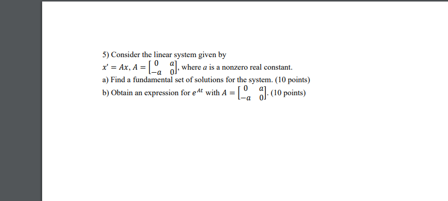 Solved 5) Consider the linear system given by x' = Ax, A = | Chegg.com