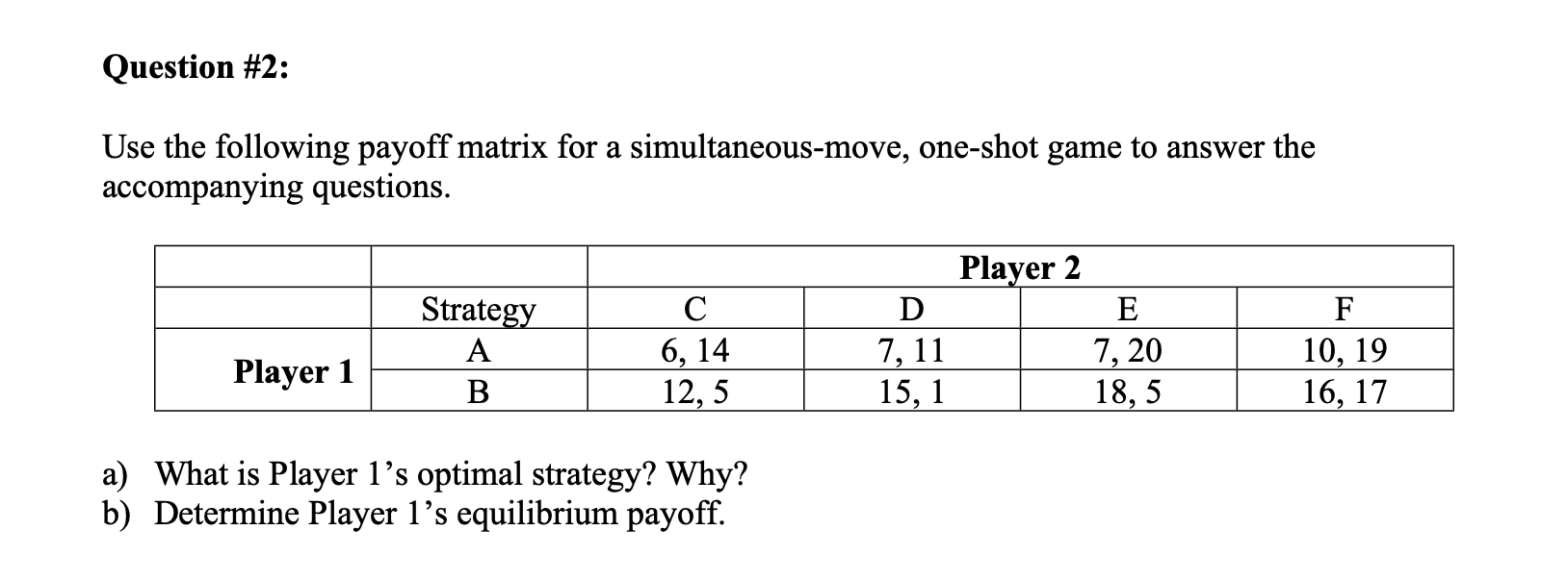 Solved Question #2:Use the following payoff matrix for a | Chegg.com