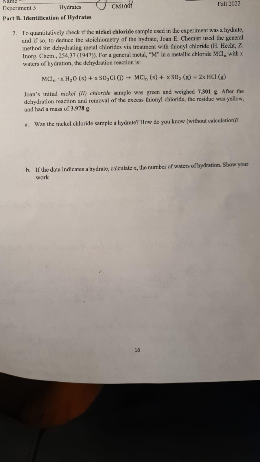 Solved Part B. Identification of Hydrates 2. To | Chegg.com