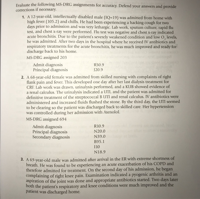 Solved he following MS-DRG assignments for accuracy. Defend | Chegg.com