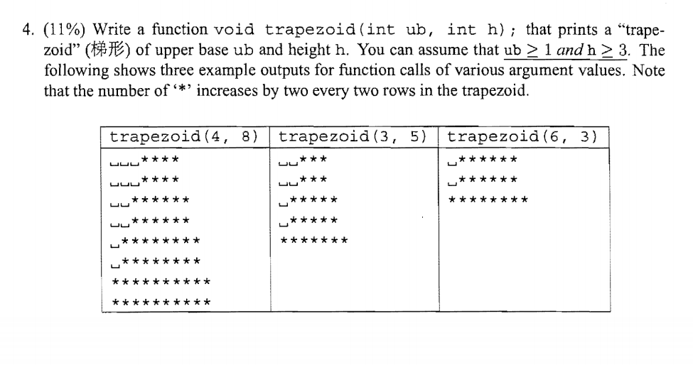 Solved 4. (11%) Write a function void trapezoid(int ub, int | Chegg.com