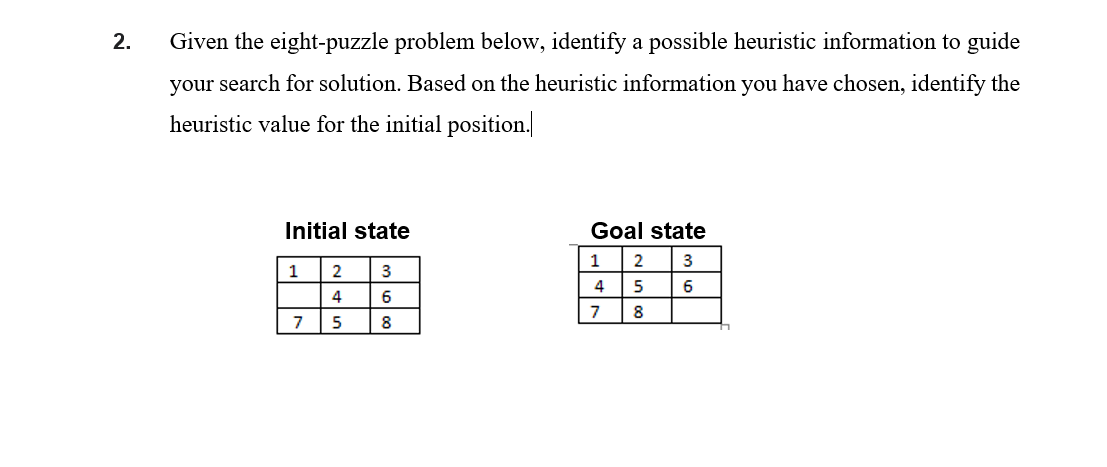 Solved 2. Given the eight-puzzle problem below, identify a | Chegg.com