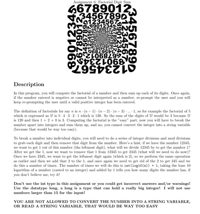 Solved Assigament 6: Factorial Digit Sum 6789012 Description | Chegg.com