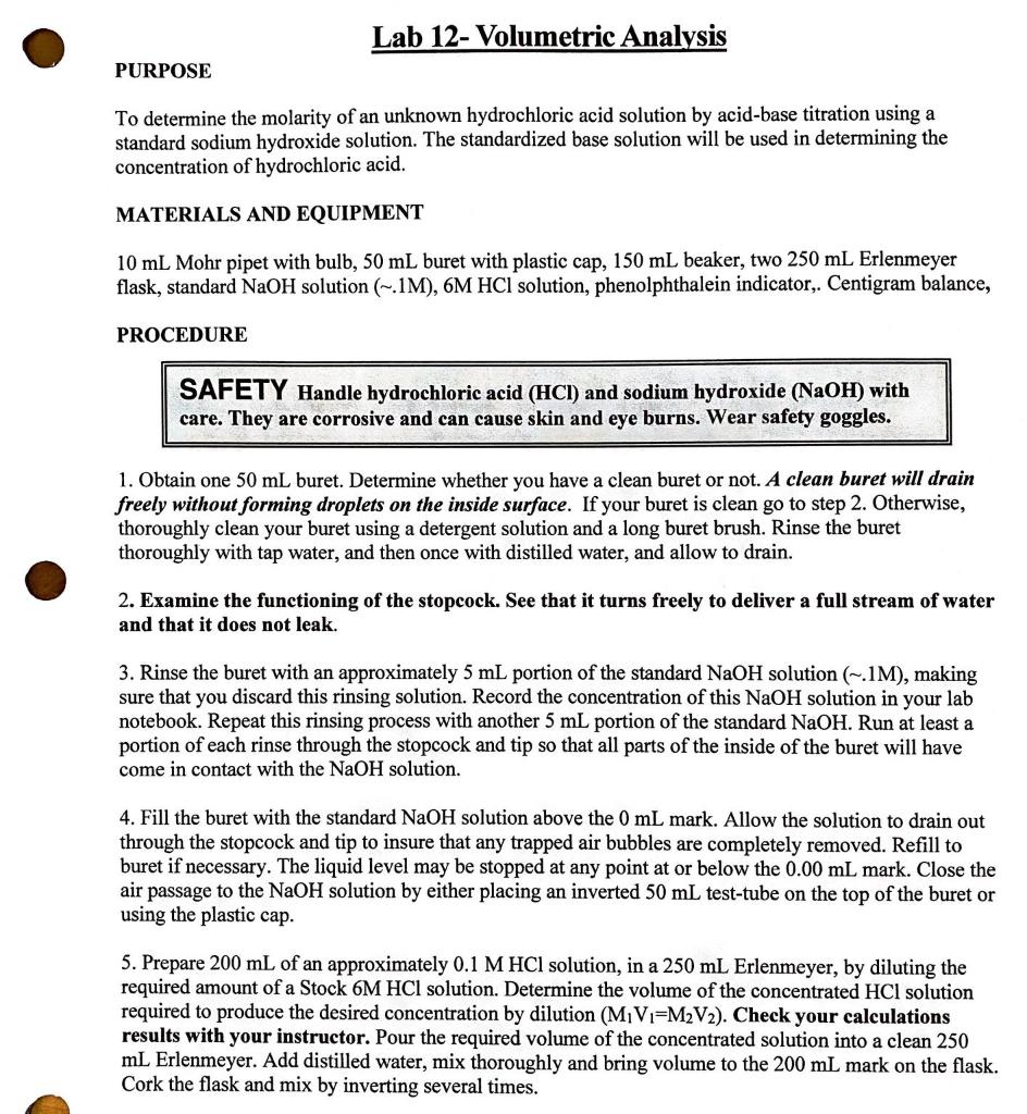 Solved Lab 12- Volumetric Analysis PURPOSE To determine the | Chegg.com