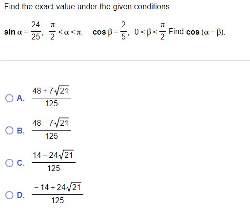 Solved Find the exact value under the given conditions. | Chegg.com
