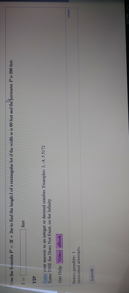 Solved Use the formula P = 2l 2w to find the length l of a | Chegg.com