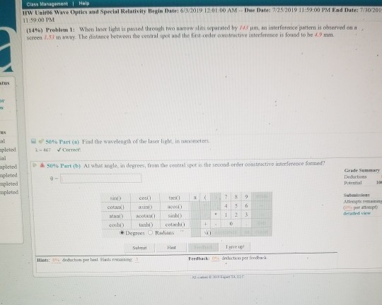 Solved Class Management | Help TIW Unit Wave Optics and | Chegg.com