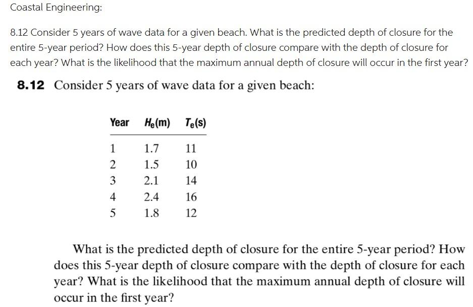 Solved 8.12 Consider 5 years of wave data for a given beach. | Chegg.com
