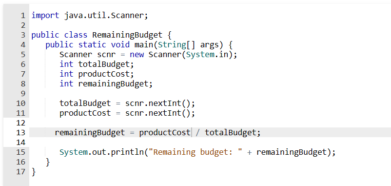 Solved Using Java, Integer variables totalBudget and | Chegg.com Solved Using Java, Integer variables totalBudget and | Chegg.com