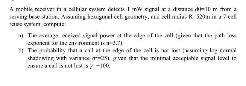 Solved A mobile receiver in ﻿a cellular system detects 1 mW | Chegg.com
