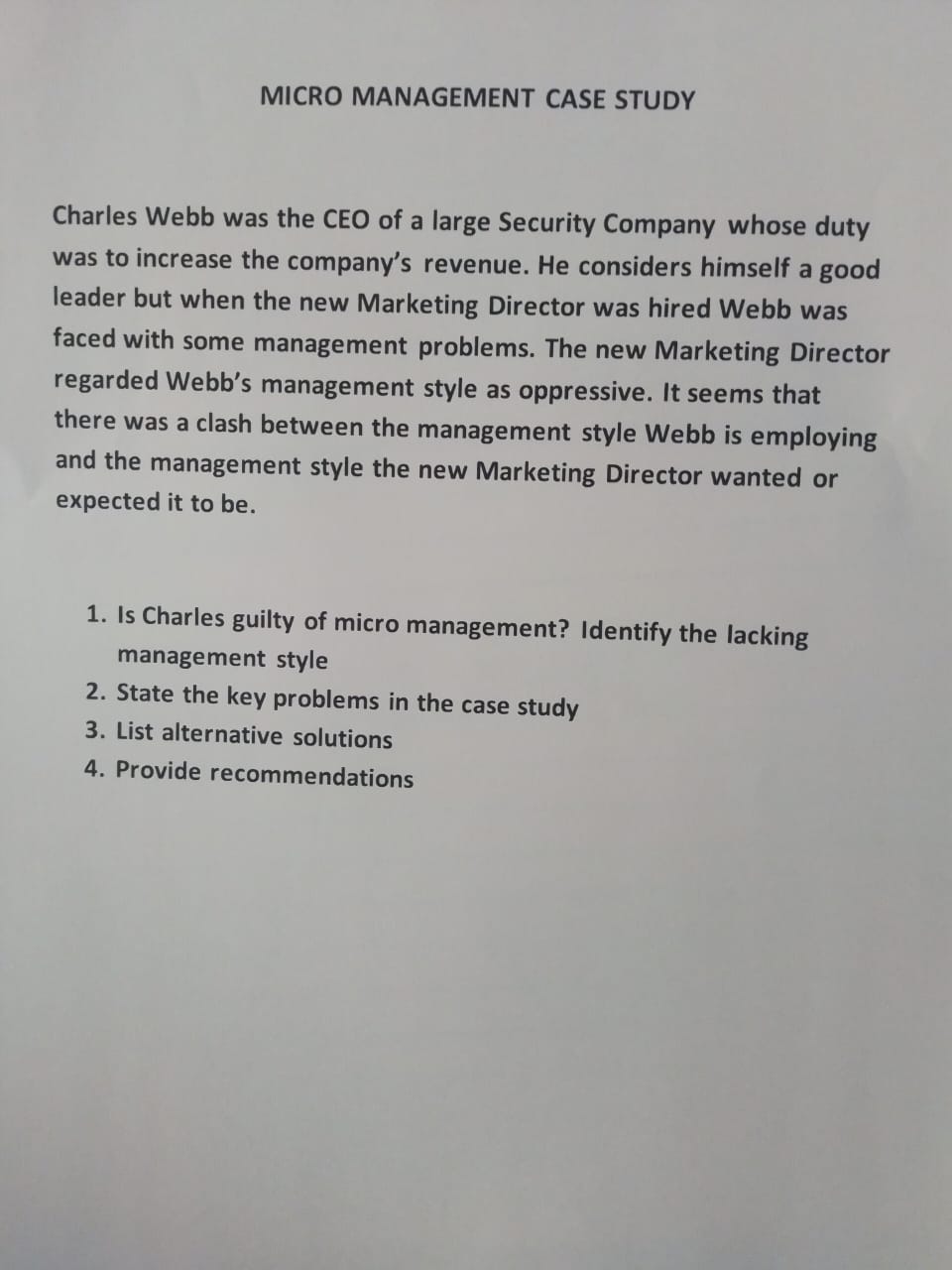 Solved MICRO MANAGEMENT CASE STUDY Charles Webb was the CEO | Chegg.com