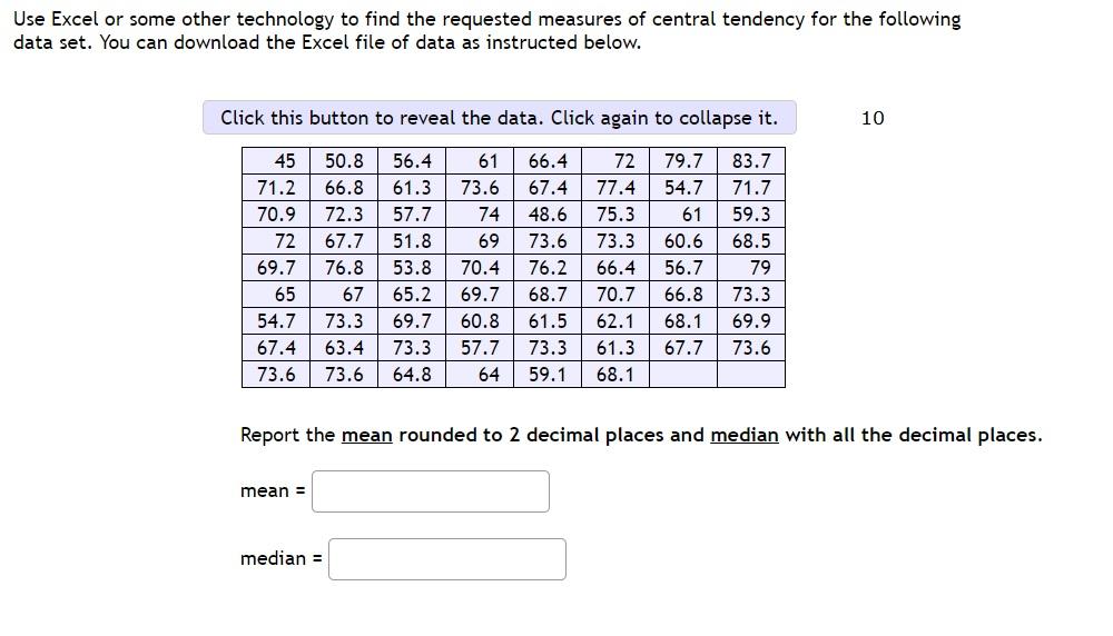 Solved Use Excel or some other technology to find the | Chegg.com