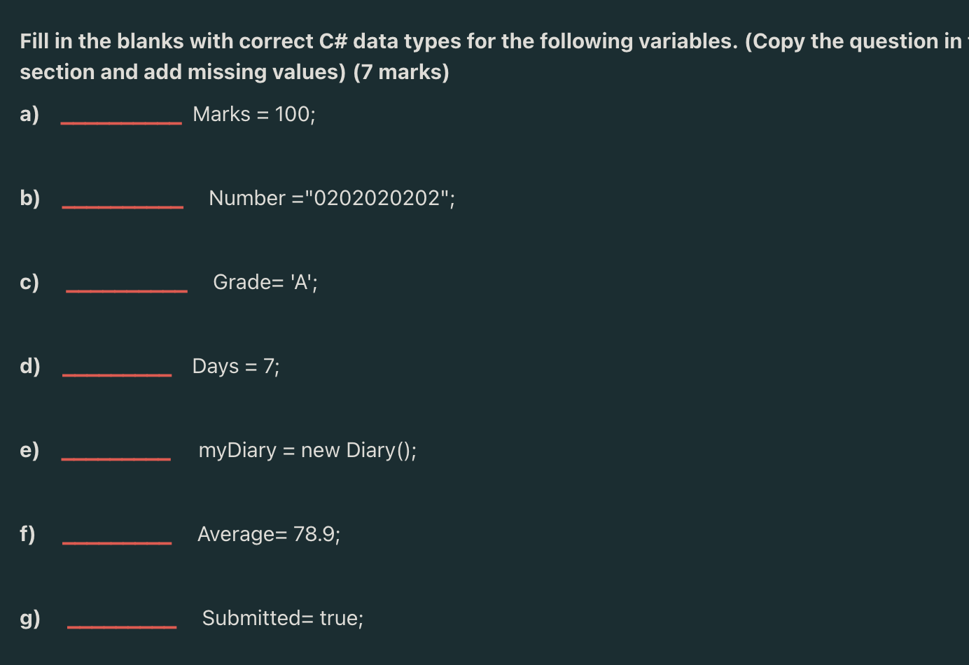 Solved Fill in the blanks with correct C# data types for the | Chegg.com