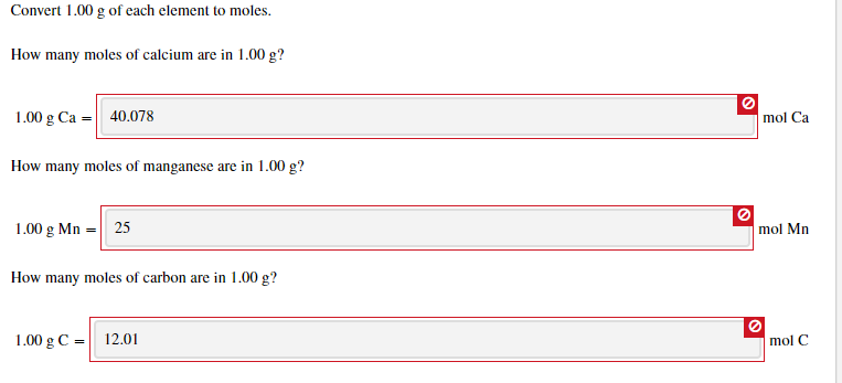 Solved Convert 1.00 g of each element to moles. How many | Chegg.com