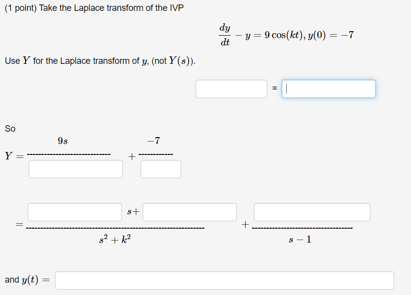 Solved (1 point) Take the Laplace transform of the IVP | Chegg.com
