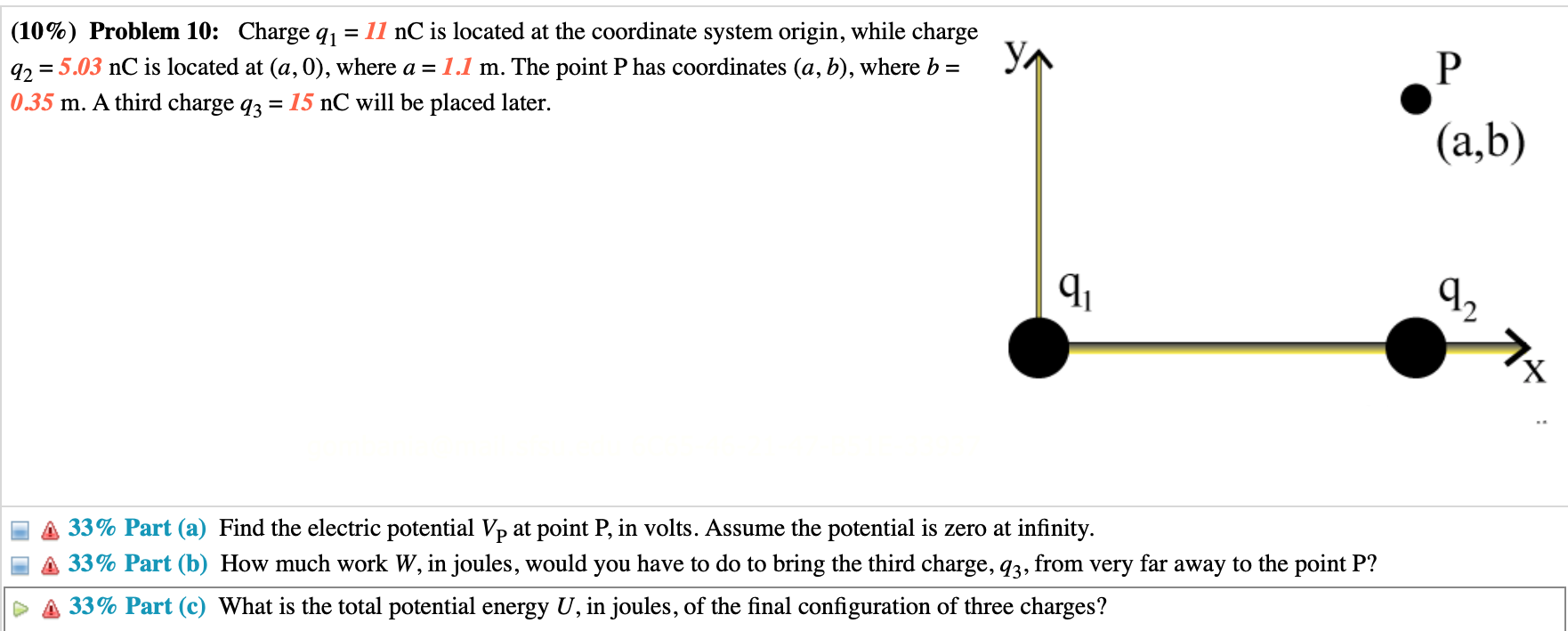 Solved (10\%) Problem 10: Charge q1=11nC is located at the | Chegg.com