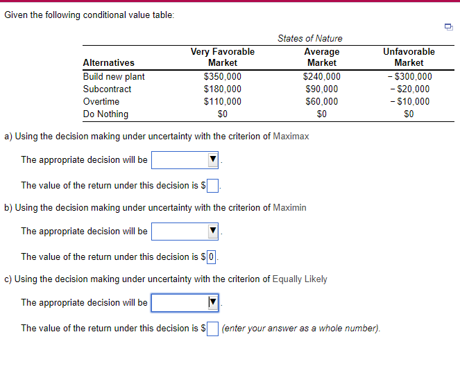 Solved Given the following conditional value table: a) Using | Chegg.com