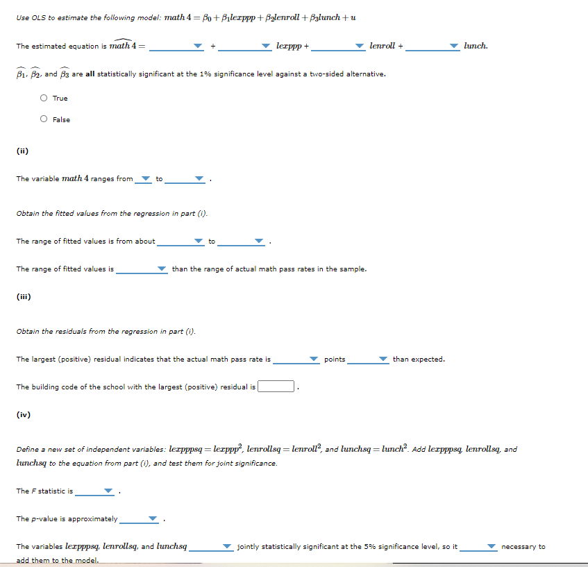 Use OLS to estimate the following model: math 4= Bo + | Chegg.com