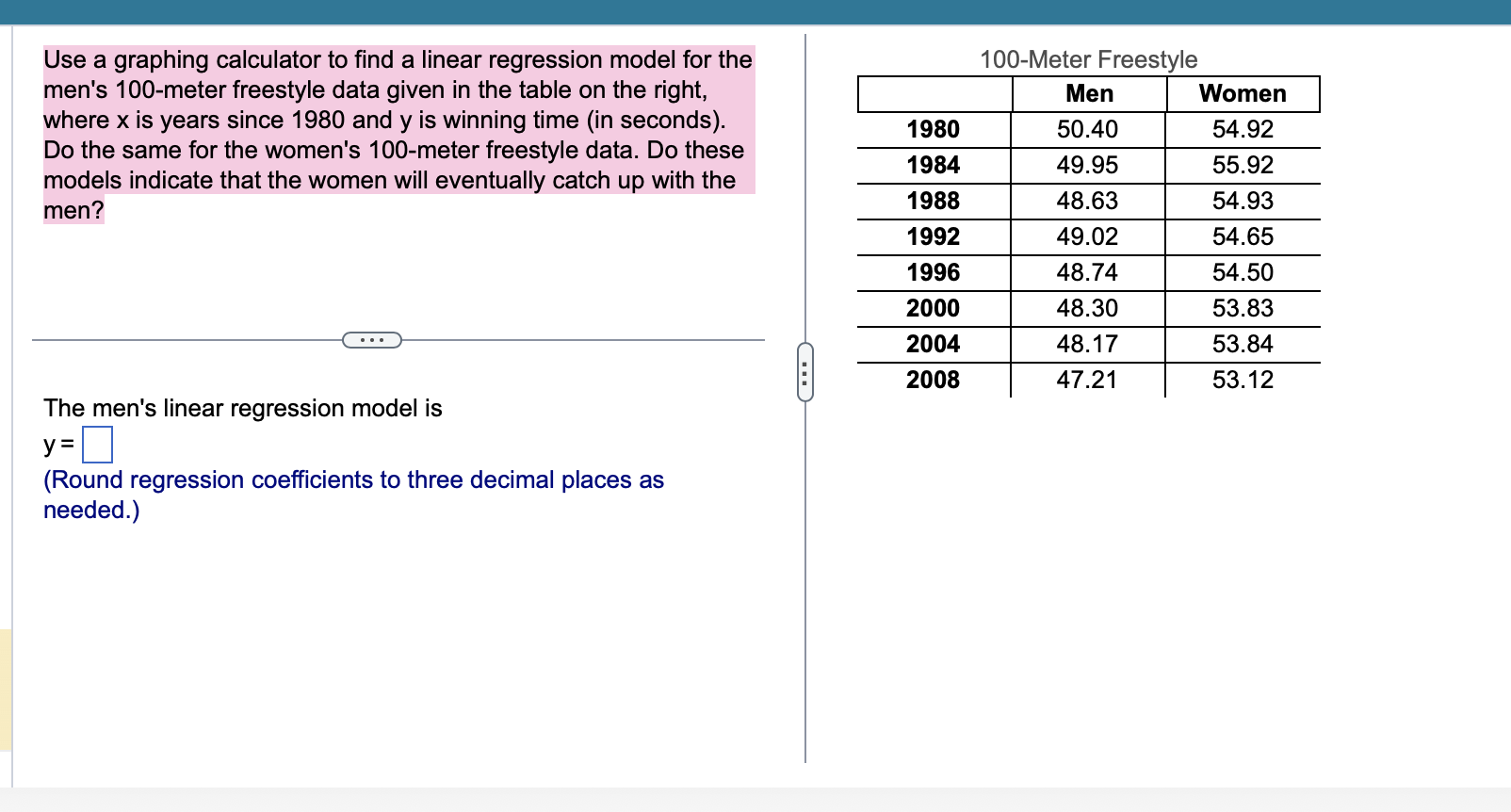 Solved Use a graphing calculator to find a linear regression | Chegg.com