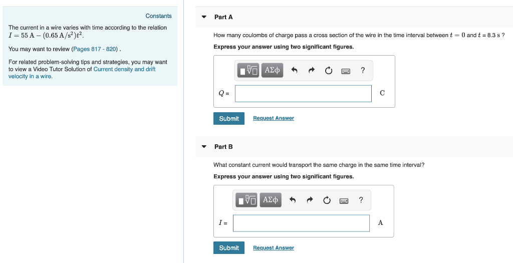 Solved Constants Part A The current in a wire varies with | Chegg.com