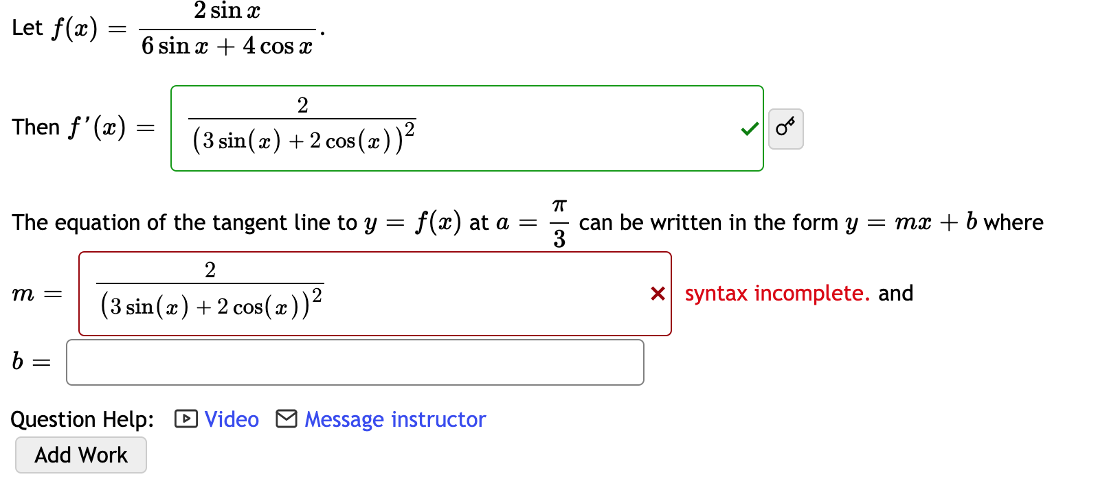 Solved Let f(x) = 2 sin a 6 sin x + 4 cos x 2 Then f'(a) = | Chegg.com