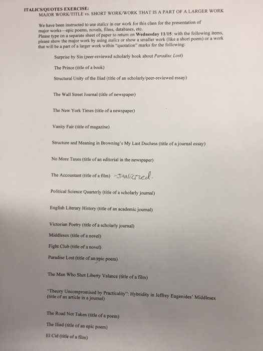 Solved Based on the instructions, correctly italicize or | Chegg.com