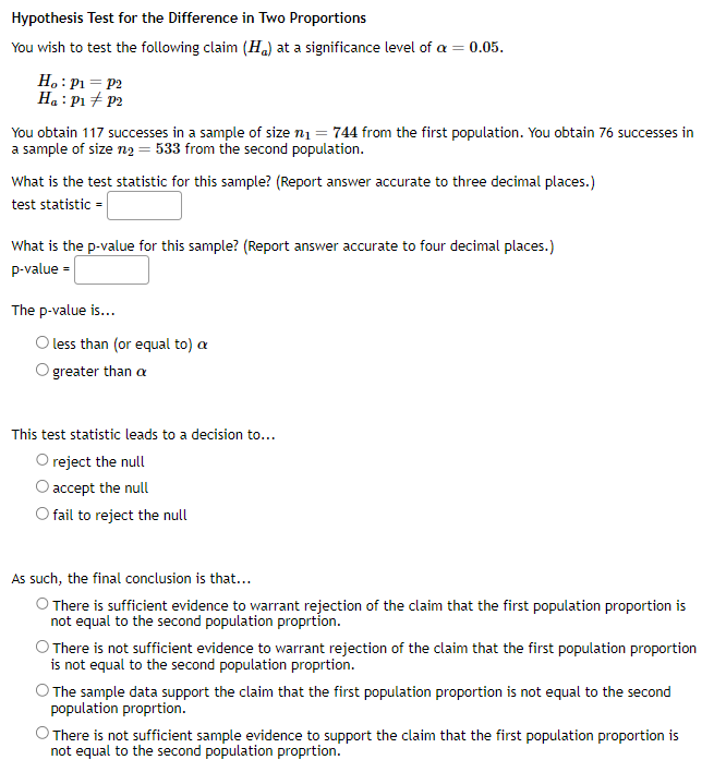 Solved Hypothesis Test for the Difference in Two Proportions | Chegg.com