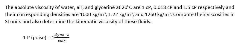 Solved The absolute viscosity of water, air, and glycerine | Chegg.com