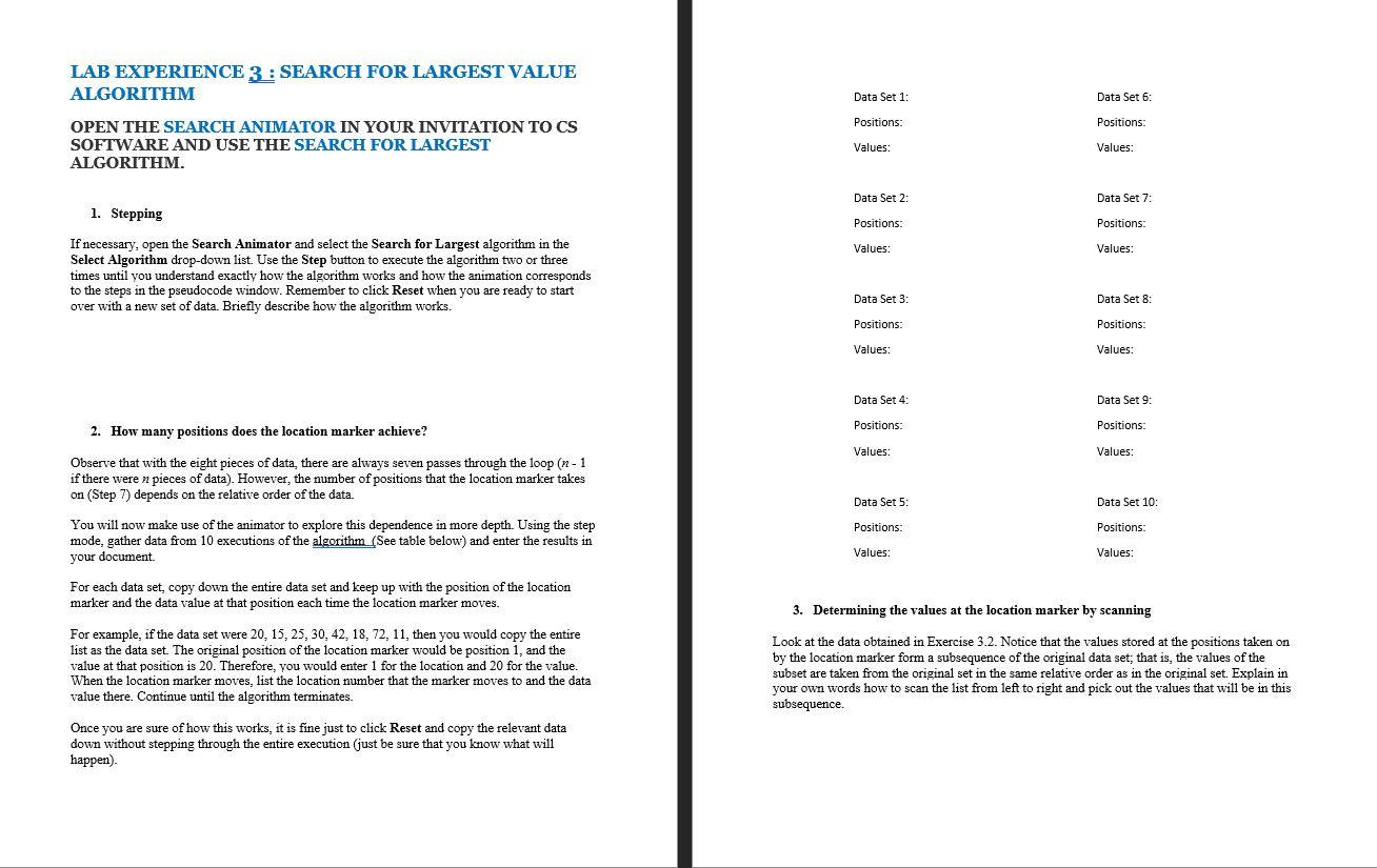 Lab Experience 3 Search For Largest Value Algorithm