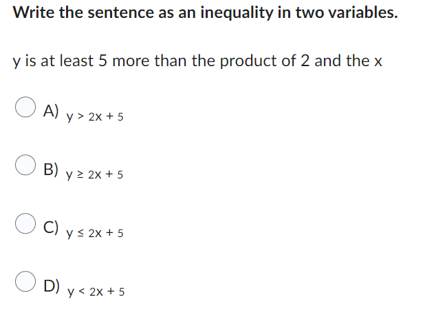 Solved Write the sentence as an inequality in two variables. | Chegg.com