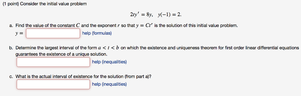 Solved (1 point) Consider the initial value problem 2ty'-8y, | Chegg.com