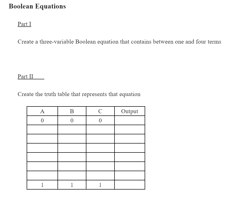 Solved Boolean Equations Part I Create A Three Variable
