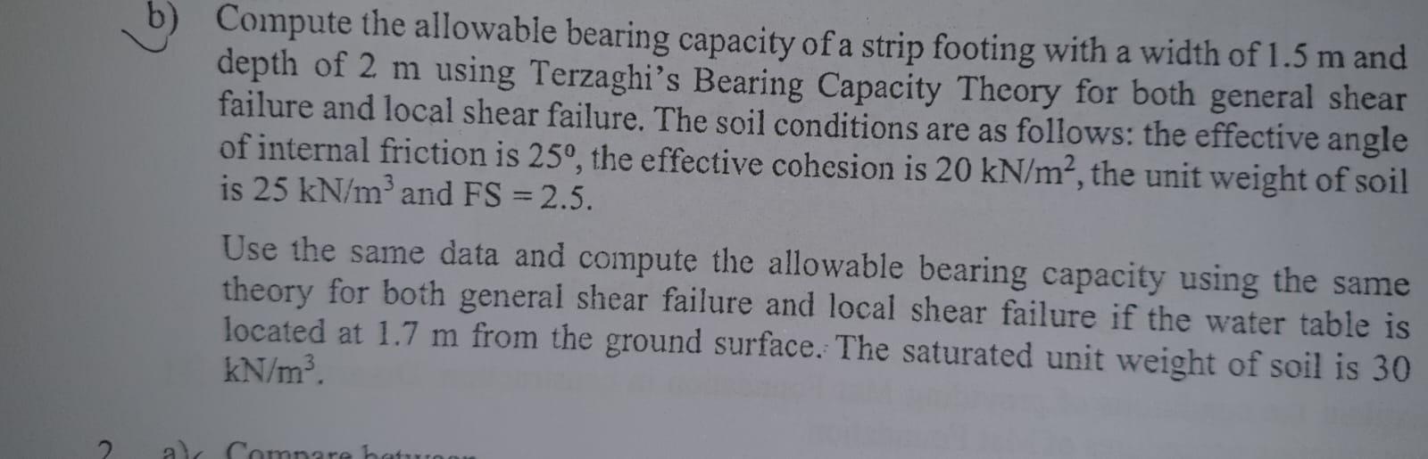 Solved b) Compute the allowable bearing capacity of a strip | Chegg.com