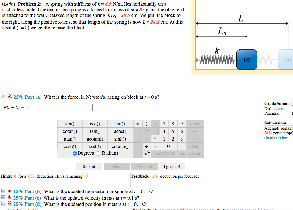 Solved (14%) Problem 2: A spring with stiffness of k-6.5 | Chegg.com
