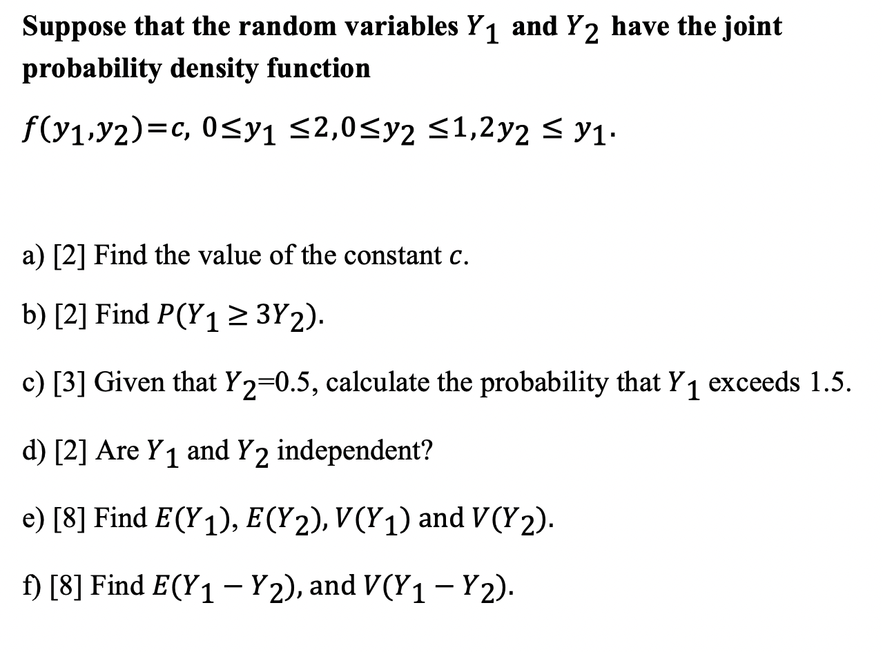 Solved Suppose that the random variables Y1 and Y2 have the | Chegg.com