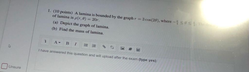 Solved 1. (10 points) A lamina is bounded by the graph r = 3 | Chegg.com