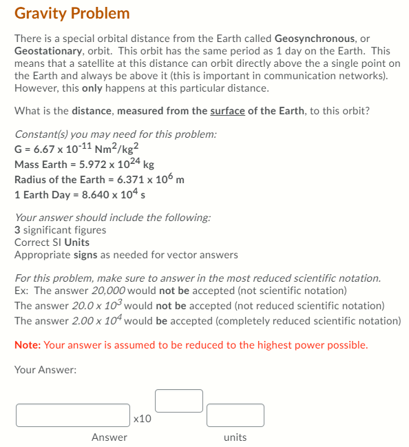 Solved Gravity Problem There is a special orbital distance | Chegg.com