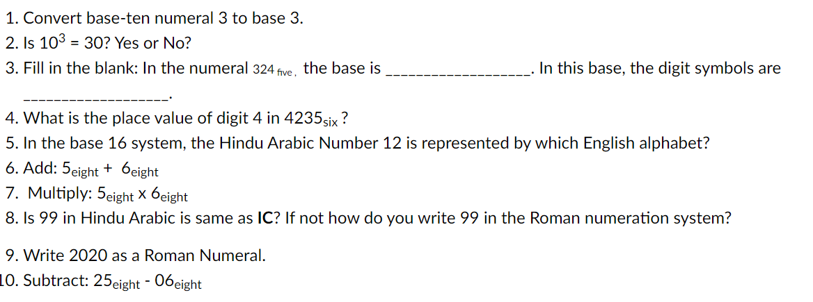 Solved 1. Convert base-ten numeral 3 to base 3. 2. Is 103 = | Chegg.com