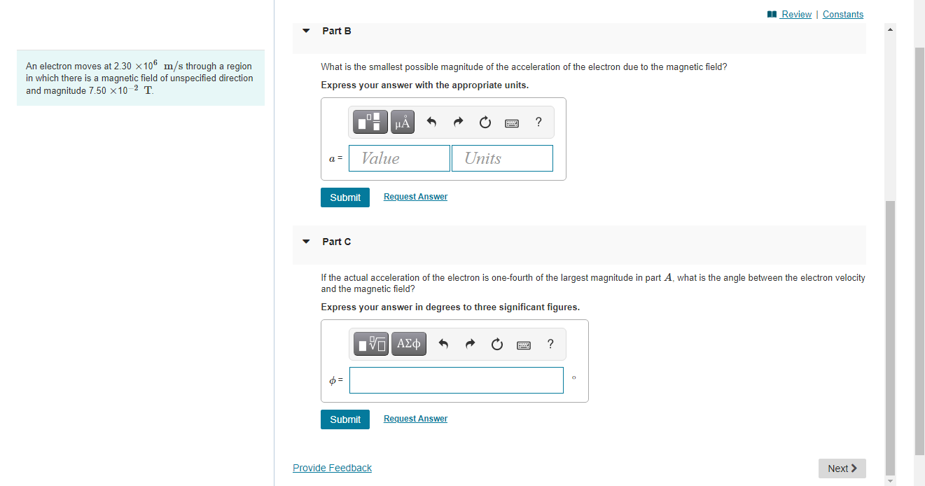 Solved Review Constants Part A An electron moves at 2.30 x | Chegg.com