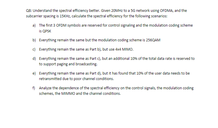 Q8: Understand the spectral efficiency better. Given | Chegg.com