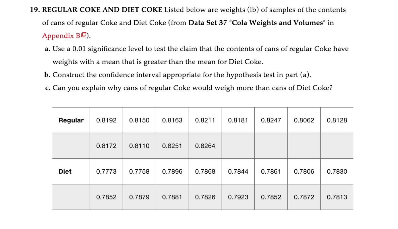Solved 19. REGULAR COKE AND DIET COKE Listed below are | Chegg.com