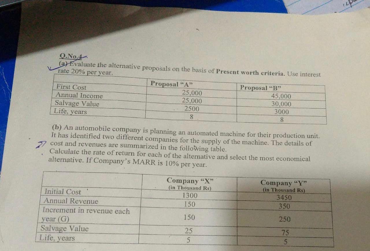 Solved Q.No.4 (a) Evaluate the alternative proposals on the | Chegg.com