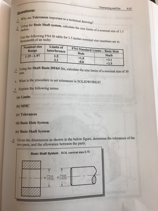 Solved Tolerancing and Fits 9-25 Questions: Tolerances | Chegg.com