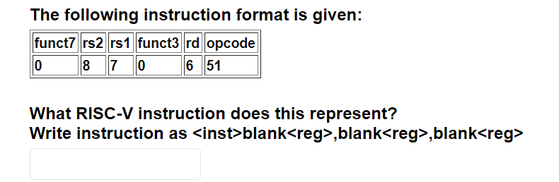 Solved The following instruction format is given: funct7 | Chegg.com