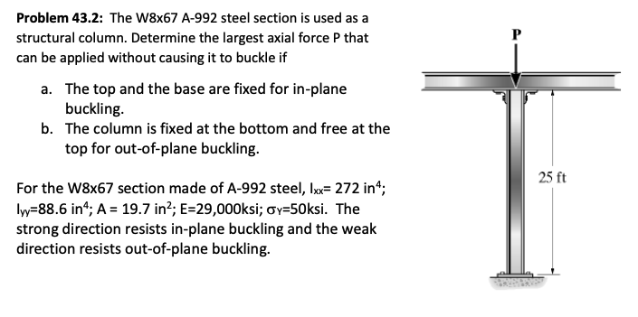 Solved Problem 43.2: The W8x67 A-992 steel section is used | Chegg.com