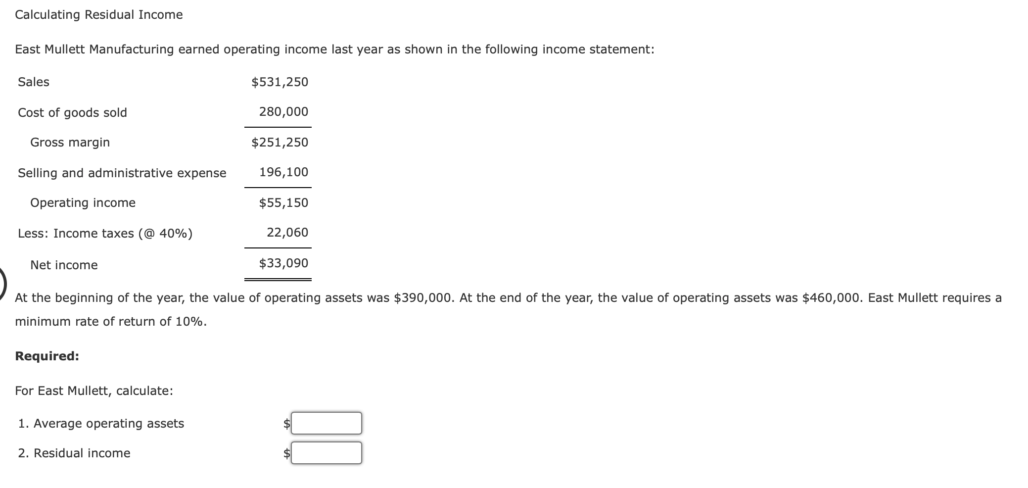 Solved Calculating Residual Income East Mullett | Chegg.com